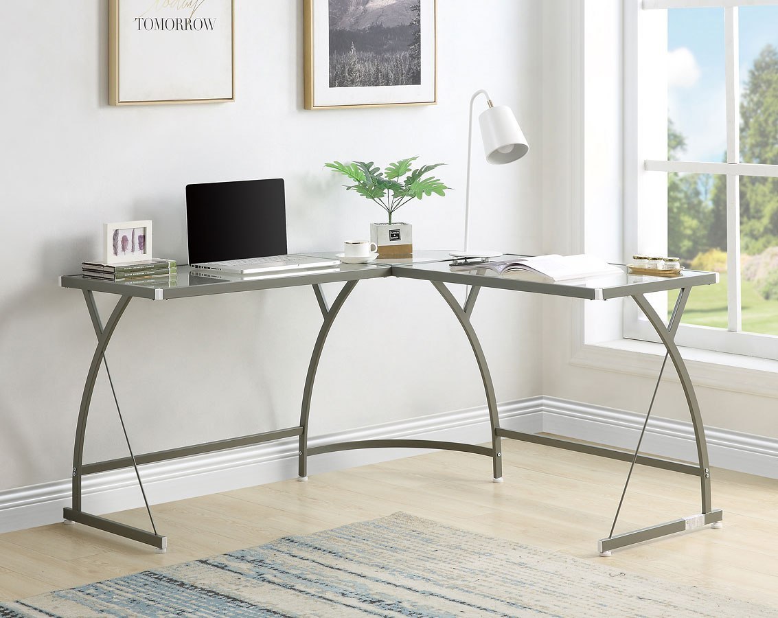 Janison L-Shaped Writing Desk (Silver) Acme Furniture | Furniture Cart