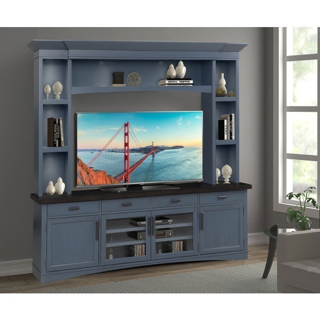 Americana Modern 92 Inch TV Console W/ Hutch And LED Lights (Denim ...